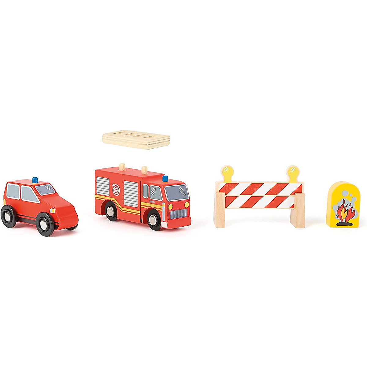 small foot wooden toys Firetruck 4 Piece playset compatable with All Common Wooden Trains & Toys Designed for Children Ages 3+, Multi (10905)