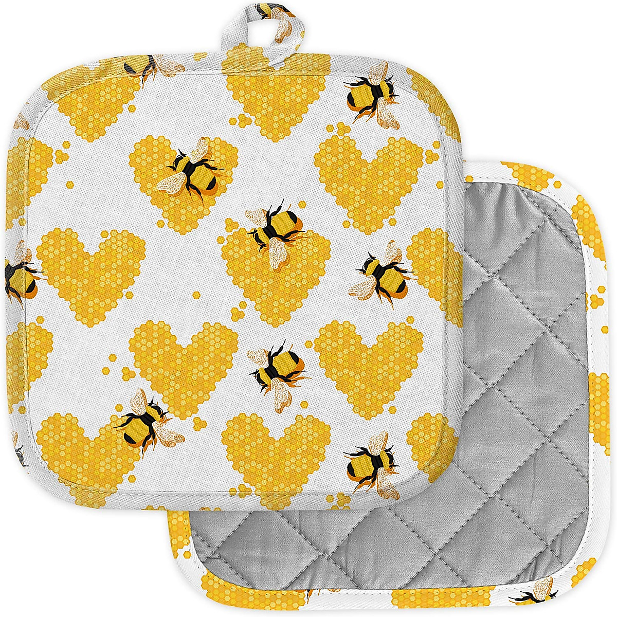 [Pack of 2] Pot Holders for Kitchen, Washable Heat Resistant Pot Holders, Hot Pads, Trivet for Cooking and Baking ( Honeycomb Form Heart Bees Natural )
