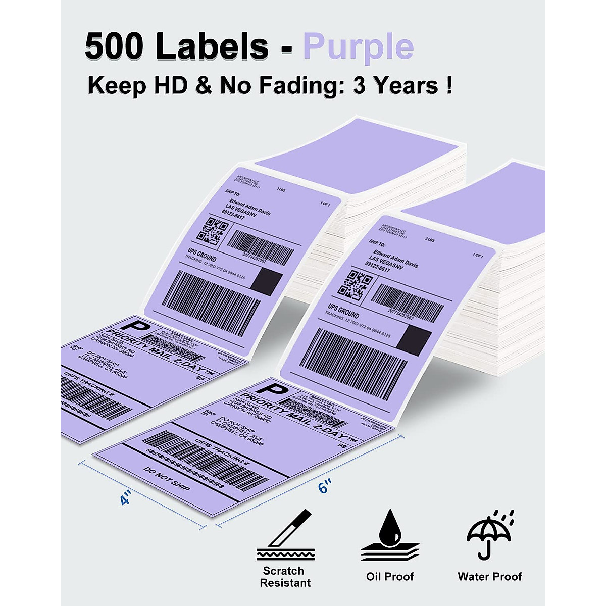 Phomemo 4x6 Thermal Labels for Shipping Label Printer - 500PCS Purple Mailing Labels - 4x6 Direct Thermal Labels Fanfold Compatible with Rollo,MUNBYN,iDPRT,JADENS,POLONO - Water/Oilproof - NO BPA/BPS
