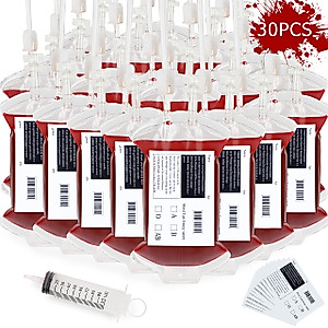 YNERHAI 30 Pack Fake IV Bags ,Reusable 13.5 FL Oz Blood Bags for Drinks,Halloween Vampire party supplies Drink Container with 30 Labels, 30Clips, 3 funnels, 1 Syringe