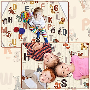 Funtery Woodland Animals Hexagon Playpen Mat Baby Play Mat Foldable Soft Nursery Rug Portable Baby Playmat Washable Comfortable Hexagon Playpen Mattress for Floor Activity Room Indoor Outdoor (Letter)