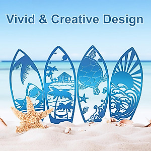 4Pcs Metal Surf Board Wall Decor Summer Surfboard Beach Signs Shark Palm Tree Wall Art Tropical Wall Decor Hanging Coastal Wall Decor Sea Turtle Wall Decoration for Wall Door (Blue)