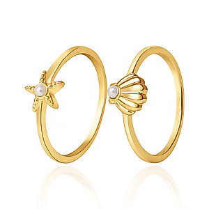 Disney The Little Mermaid Stackable Ring Set Size 7 - Starfish and Seashell Ring - Flash-Plated Rings for Women