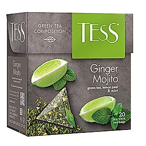Tess Ginger Mojito Green Tea Composition Lemon Peel and Mint Leaf Tea in 20 Pyramid Sachets