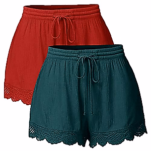 2pcs Beach Hots for Women, Womens Comfy Drawstring Mid Waisted Shorts Linen Blend Lightweight Summer Shorts with Lace Green