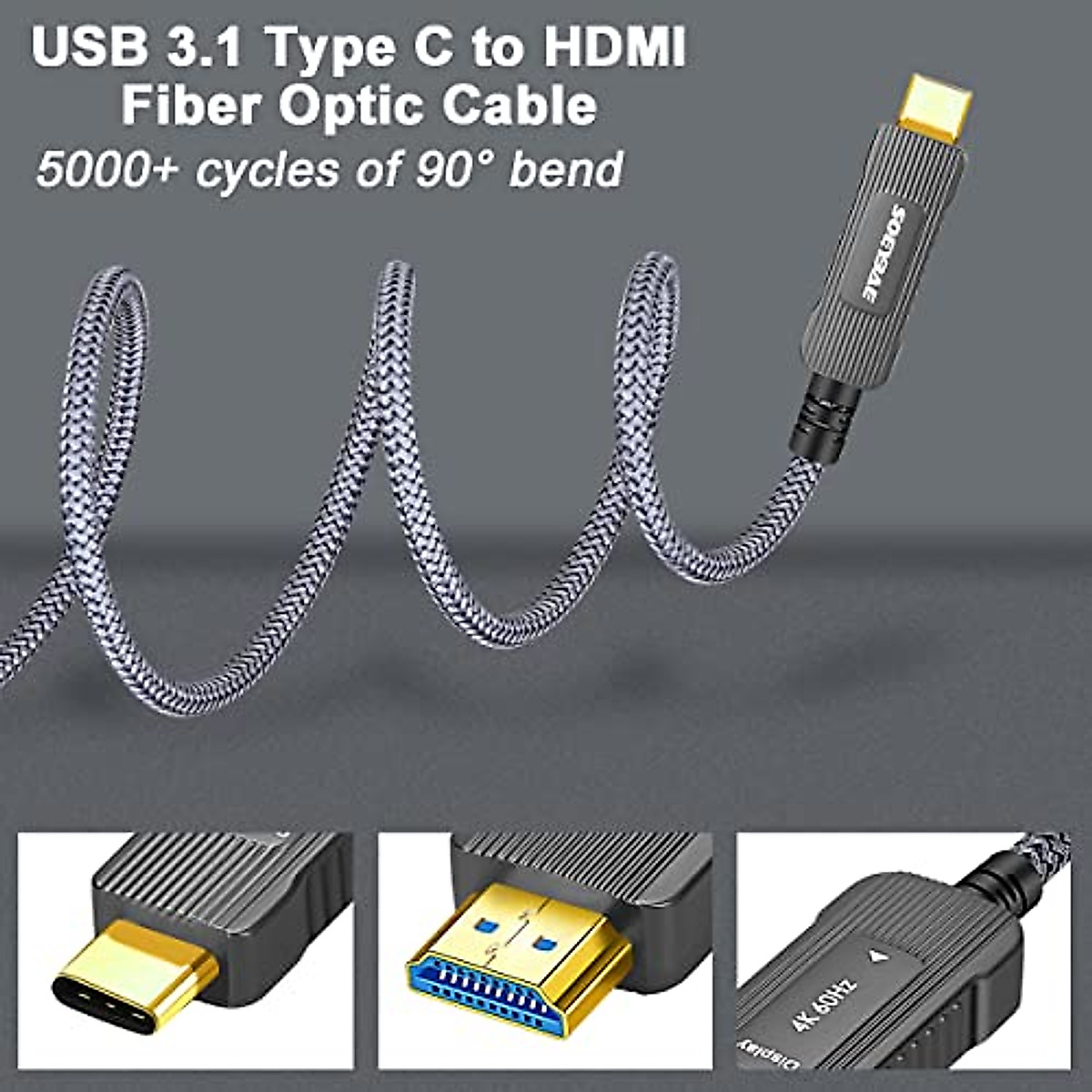 SOEYBAE USB C to HDMI Cable 30ft/10m, USB 3.1 Type C to 4K Fiber Optic HDMI Cable, Thunderbolt 3/4 Compatible, for MacBook Pro/Air 2020, iPad Pro 2021/2020, Surface Book 2, XPS