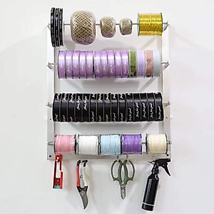 harayaa Wire Spool Rack with 4 Rods, Wall-Mounted Steel Thread Holder Ribbons Organizer with Hanging Tools for Organize Sewing Embroidery Thread, Silver, 60x53cm