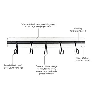 Spectrum Diversified Wall Mount 5-Hook Wood Rack for Entryway Storage and Organization, White Wash/Industrial Gray