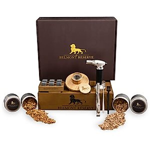Belmont Reserve Cocktail Smoker Kit - Old Fashioned Smoke Kit w/Unique Flavors of Oak, Pecan, Apple & Cherry Wood Chips, Whiskey Stones, Torch, Filters, Brush & Other Smoke Accessories w/Wooden Box