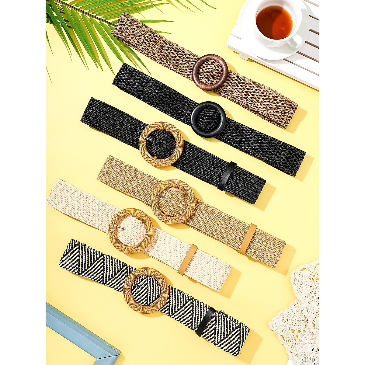 Geyoga 6 Pack Women Straw Belt Woven Elastic Stretch Waist Belt Skinny Braided Waist Belt Boho Rattan Belts with Wood Buckle Belts for Women Dress Belt, 2 Sizes