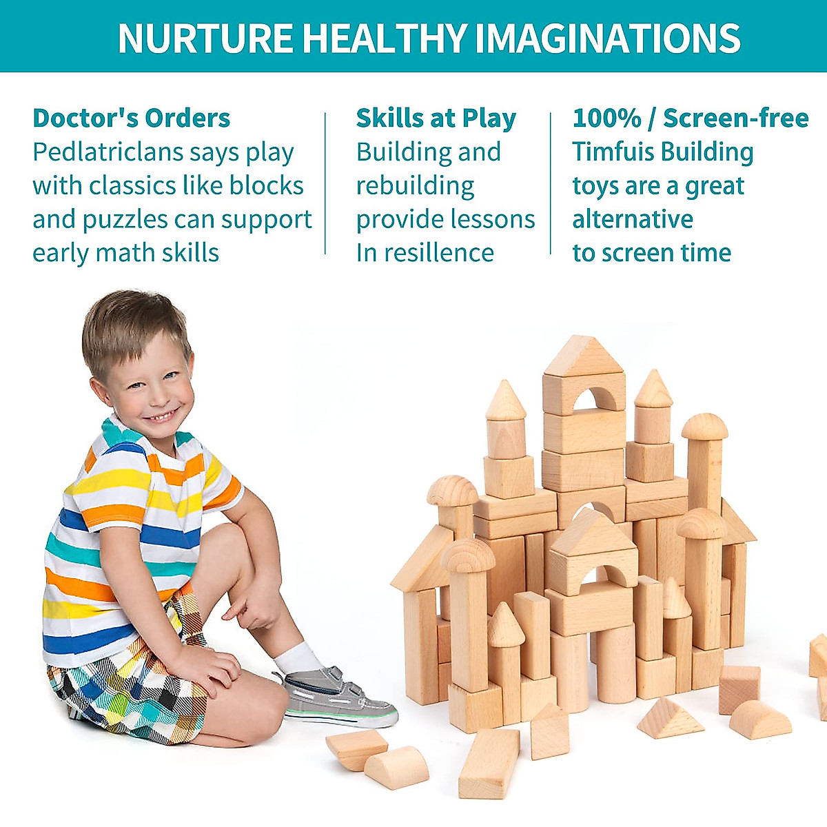 Timfuis Wooden Building Blocks Set, 80 PCS Natural Wood Stacking Block Toy with Carrying Bag, Montessori Learning Birthday Gifts for 3 4 5 Year Olds Toddlers Kids Boys Girls Children