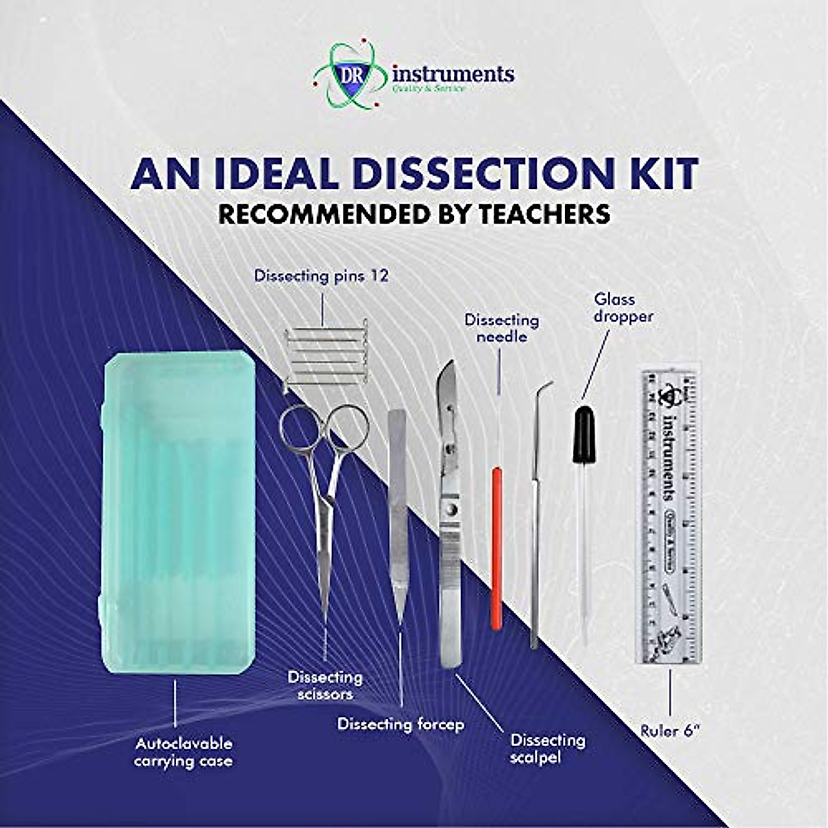 DR Instruments 61936PCT Precision Dissection Kit - 25-Piece Biology Kit - 8 Stainless Steel Instruments - Extra Blades & T-Pins - Biology Students & Faculty - Autoclavable Case in Assorted Colors