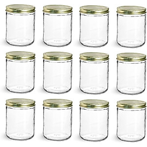 North Mountain Supply 16 Ounce Glass Wide Mouth Straight-Sided Canning Jars - with Gold Metal Lids - Case of 12