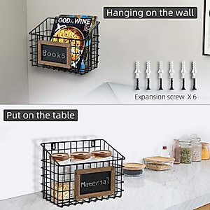 Matt Black Metal Wire Wall Hanging Storage Baskets with Chalkboard Labels, Set of 3, 3 Different Size Hanging Wire Baskets, Black Metal Baskets for Wall