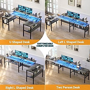 Hyomdeck Customizable U Shaped Desk & L Shaped Office Desks with RGB LED Light, Adjustable Monitor Stand and Power Outlets, Reversible Computer Desk with Storage, Large L Shape Gaming Table, Black Oak