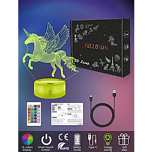 FULLOSUN Unicorn Gifts for Grils,3D Illusion Night Light Bedside Lamp wtih Remote Control 16 Colors Changing Dim Function, Creative Gifts for Room/Home Decor Birthday Xmas for Boys & Girls