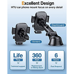 HTU Cell Phone Holder for Car [Upgraded Super Suction & Stable] Handsfree Car Phone Holder Mount Dashboard Windshield Air Vent Car Mount for iPhone 14 13 12 Pro Max Samsung Smartphones & Car Truck