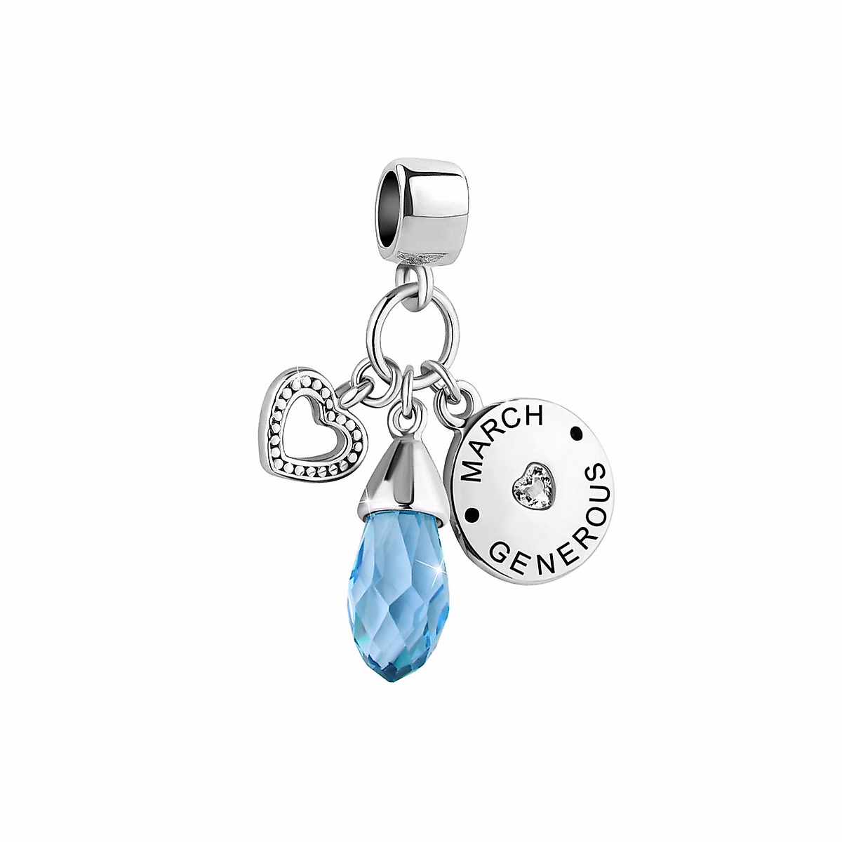 MiiFort Women March Birthstones Love Heart Dangle Charm Compatible with Pandora Bracelets Necklaces Pendants Generous Aqua Blue Crystal CZ