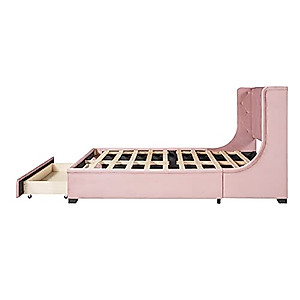EMKK Queen Bed Frame with Storage Drawers and Wingback Headboard, Upholstered Platform Bed with Velvet Design, Strong Wooden Slats Support, No Box Spring Needed