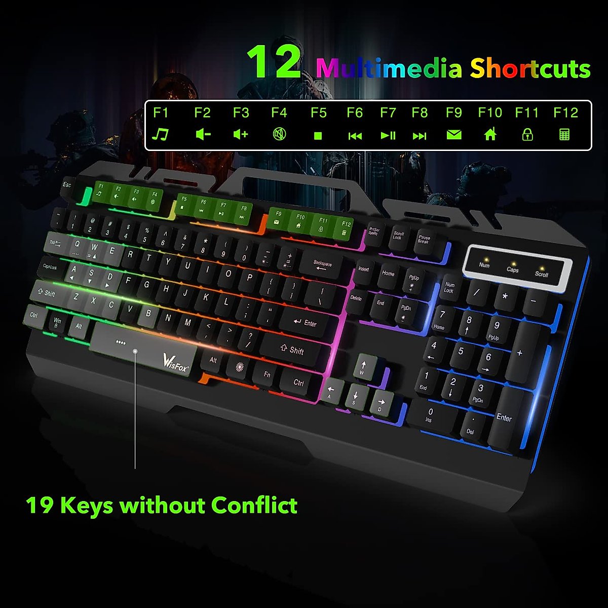 WisFox Wired Keyboard, Computer Keyboard with Rainbow LED Backlit, All-Metal Panel Gaming Keyboard with Phone Holder, Full Size Quiet Warterproof Office USB Keyboard for Desktop, Computer, PC