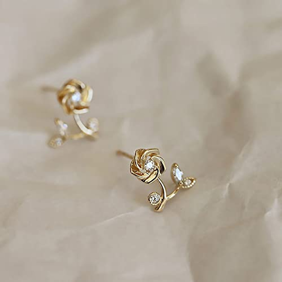 Cute Rose Flower Stud Earrings for Women Teen Girls 925 Sterling Silver Cubic Zirconia Cartilage Tiny Small Studs Earring Dainty Jewerly Birthday Gifts Hypoallergenic (Gold)