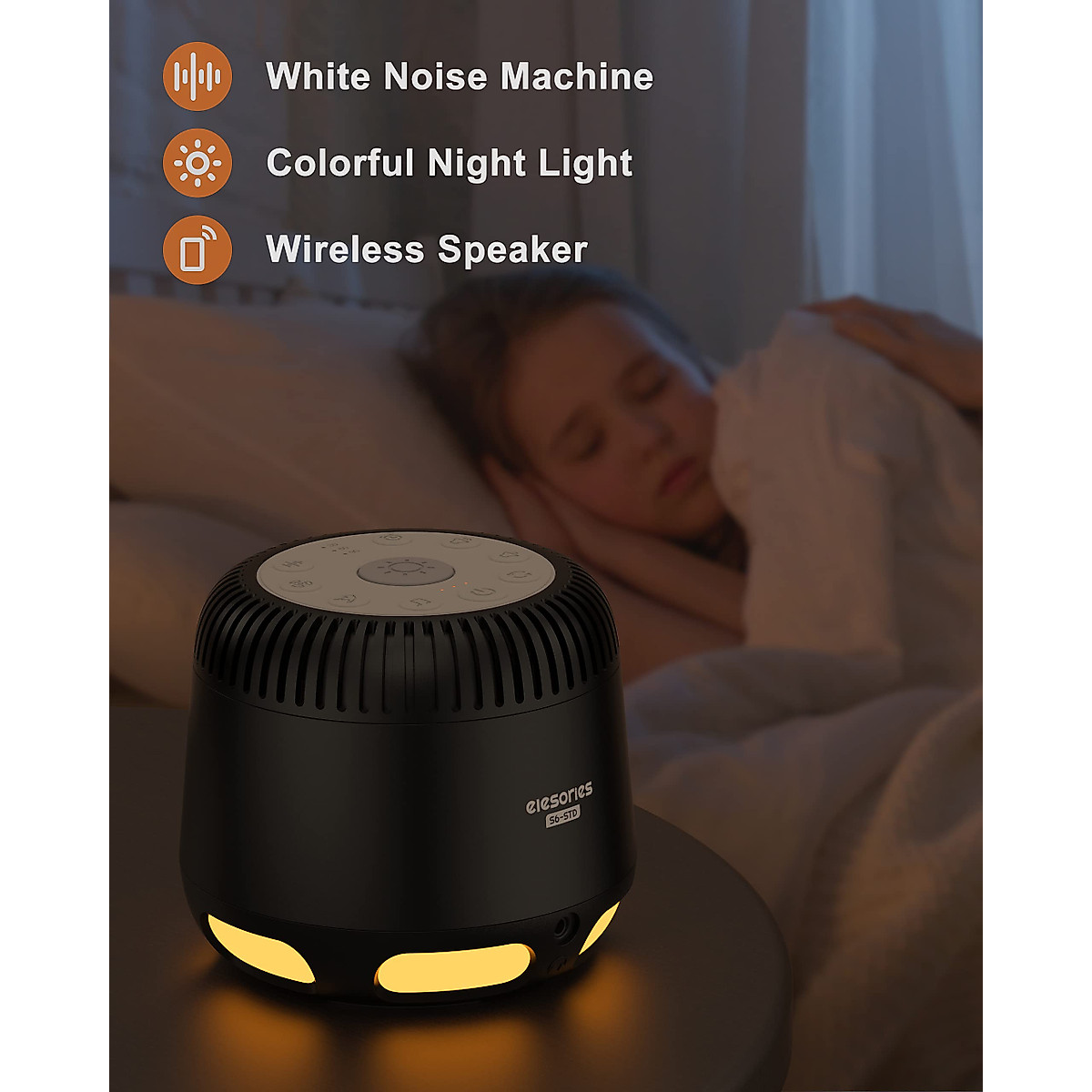 White Noise Machine, 24 Relaxing Nature Sounds, 10-Color Baby Night Light, V5.1 Wireless Speaker, Built-in Rechargeable Battery Sound Machine Sleep Therapy for Baby Adult Kids Sleeping Nursery Home