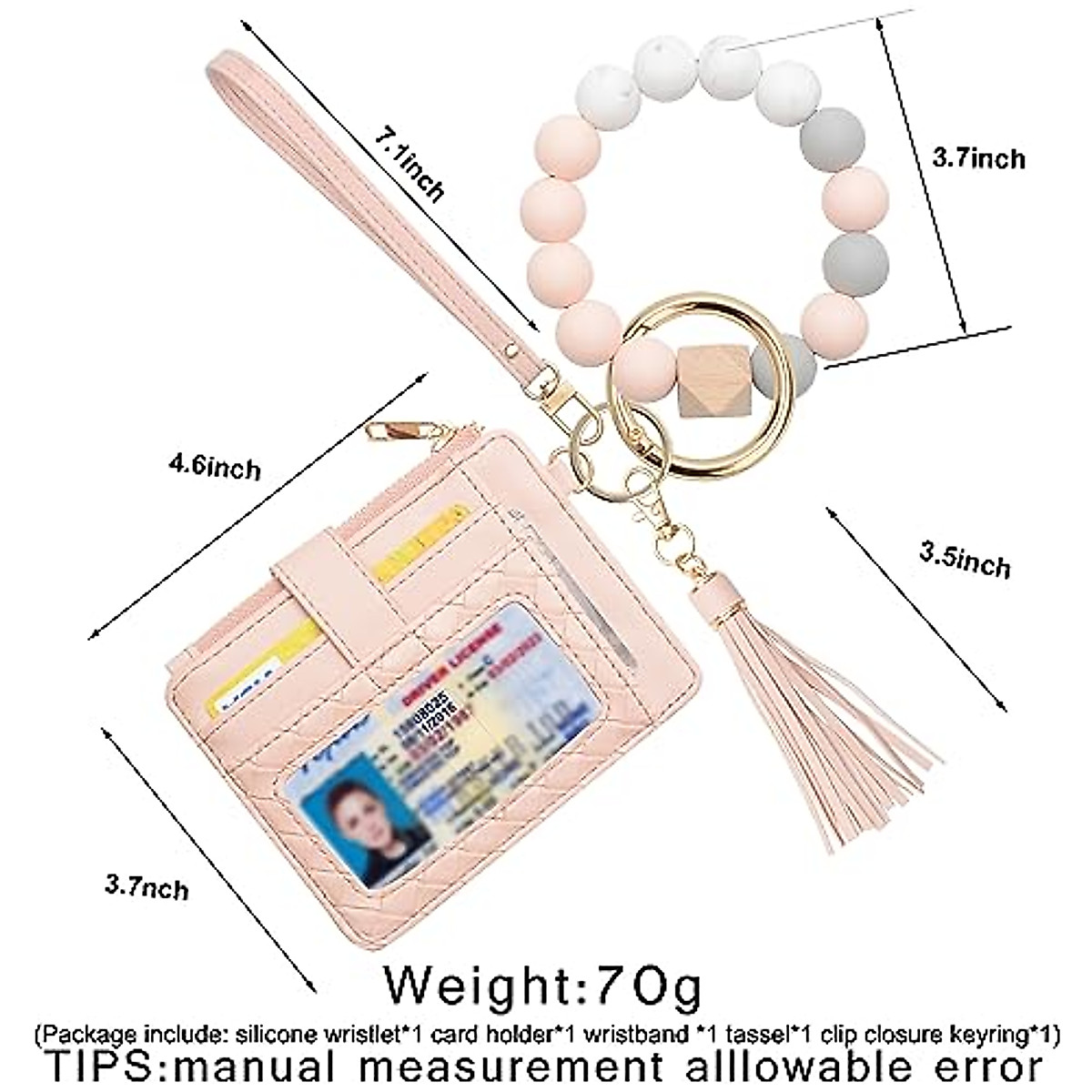 COOLANS Wristlet Bracelet Keychain Pocket Credit Card Holder Purse Tassel Keychain Bangle Key Ring for Women (Silicone Bead Bracelet+Card Purse (Pink))