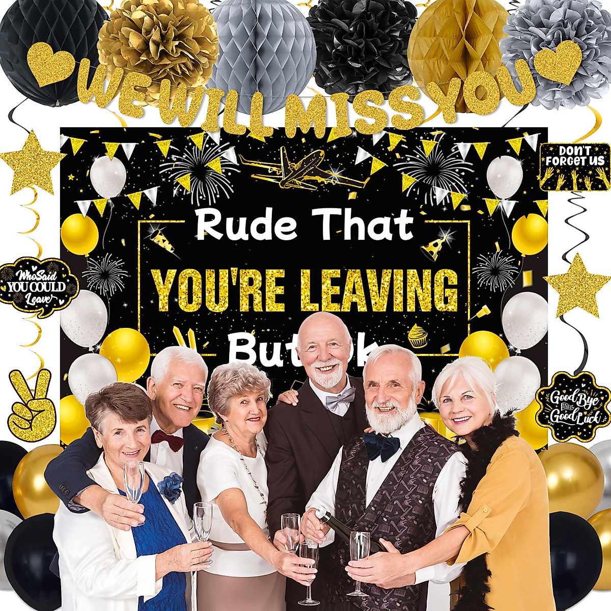 Farewell Party Decorations Men Women, Rude That You're Leaving But OK Black Gold, We Will Miss You Banner Party Decoration Coworker Going Away Retirement Party Farewell Goodbye Job Change Party Decor