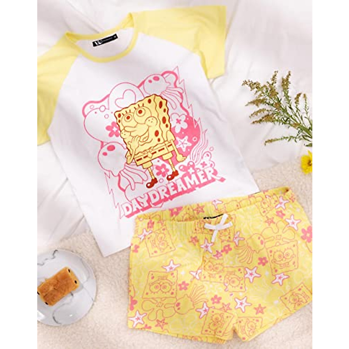 SpongeBob SquarePants Womens Pajama Set | Ladies Raglan T-Shirt & Yellow Elasticated Shorts | Daydreamer Coral & Jellyfish