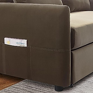 3 in 1 Convertible Sleeper Sofa Couch Bed Pull Out Couch Velvet Sofa Futon with 2 Lumbar Pillows and Adjustable Backres,Love Seat Bedroom Furniture for Small Places,Living Room,Apartment,Light Brown
