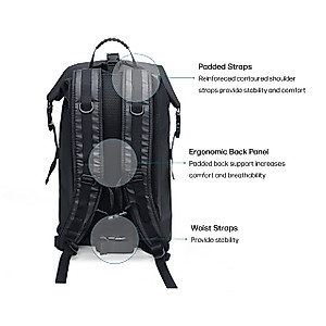 Water Bear Tactical Waterproof Backpack: Black 35L Rugged Roll-Top Closure with Waterproof Zipper front pocket and Cushioned Padded Back.