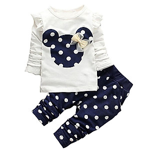 Avidqueen Cute Toddler Baby Girls Clothes Set Long Sleeve T-Shirt and Pants Kids 2pcs Outfits(White+Navy,2T)