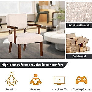 HMFULE 24.25'' Mid Century Accent Chair Set of 2 with Round Wood Table Modern Fabric Arm Chair for Living Room Bedroom Reading Room(Beige)