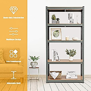 Tangkula Metal Storage Shelves, Heavy Duty Steel 5 Tier Utility Shelves with Adjustable Shelves, Bolt-Free Assembly, High Weight Capacity, Garage Organization Storage Rack, 36" Lx16''Wx72 H (1, Grey)