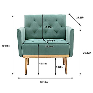 Olela Accent Chair with Arms for Living Room, Modern Tufted Single Sofa Armchair with Gold Metal Legs Upholstered Reading Chair for Bedroom Office Decorative (Velvet-Smooth Backrest, Mint Green)