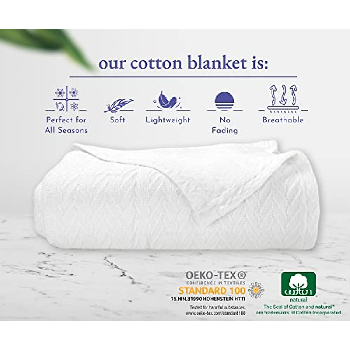 California Design Den 100% Cotton Blanket Queen Size/Full Size, Lightweight & Breathable Cotton Blanket, Herringbone Design, Soft Breathable Blanket for All Seasons (White)