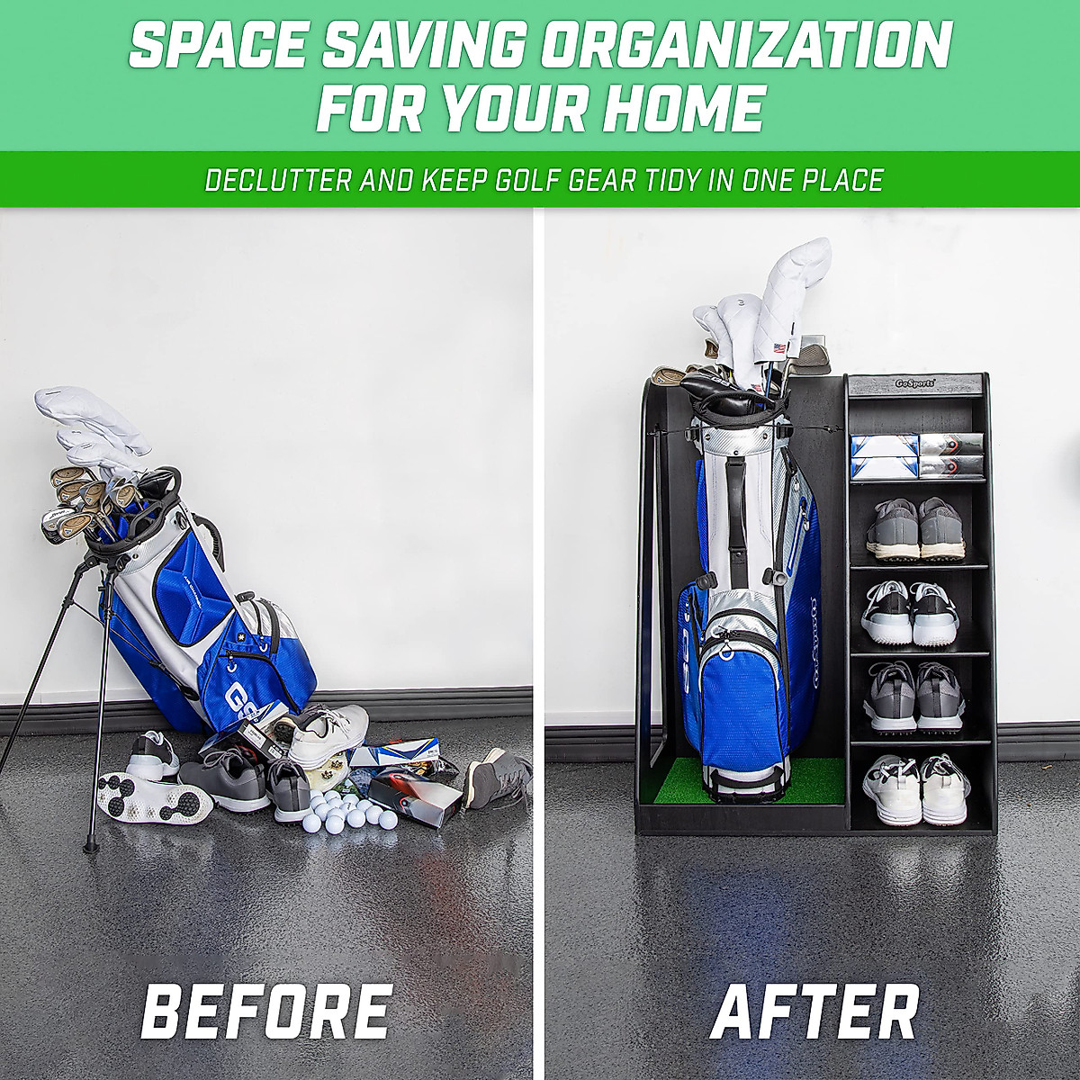 GoSports Premium Wooden Golf Bag Organizer and Storage Rack – Black, Brown, and White