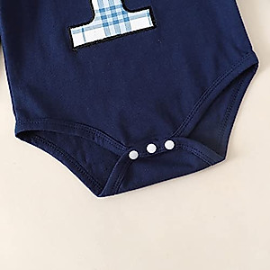 GRNSHTS Baby Boy First Birthday Clothes Plaid Stand Collar Long Sleeve Romper Jumpsuit Cake Smash Outfit (Navy Blue 4, 15 Months)