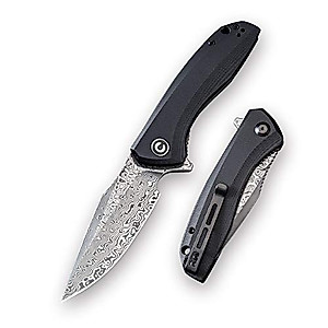 CIVIVI Knives Flipper Folding Knife Baklash with 3.5" Damascus Drop Point Blade and Black G10 Handles for EDC, Outdoor and DIY Activities C801DS