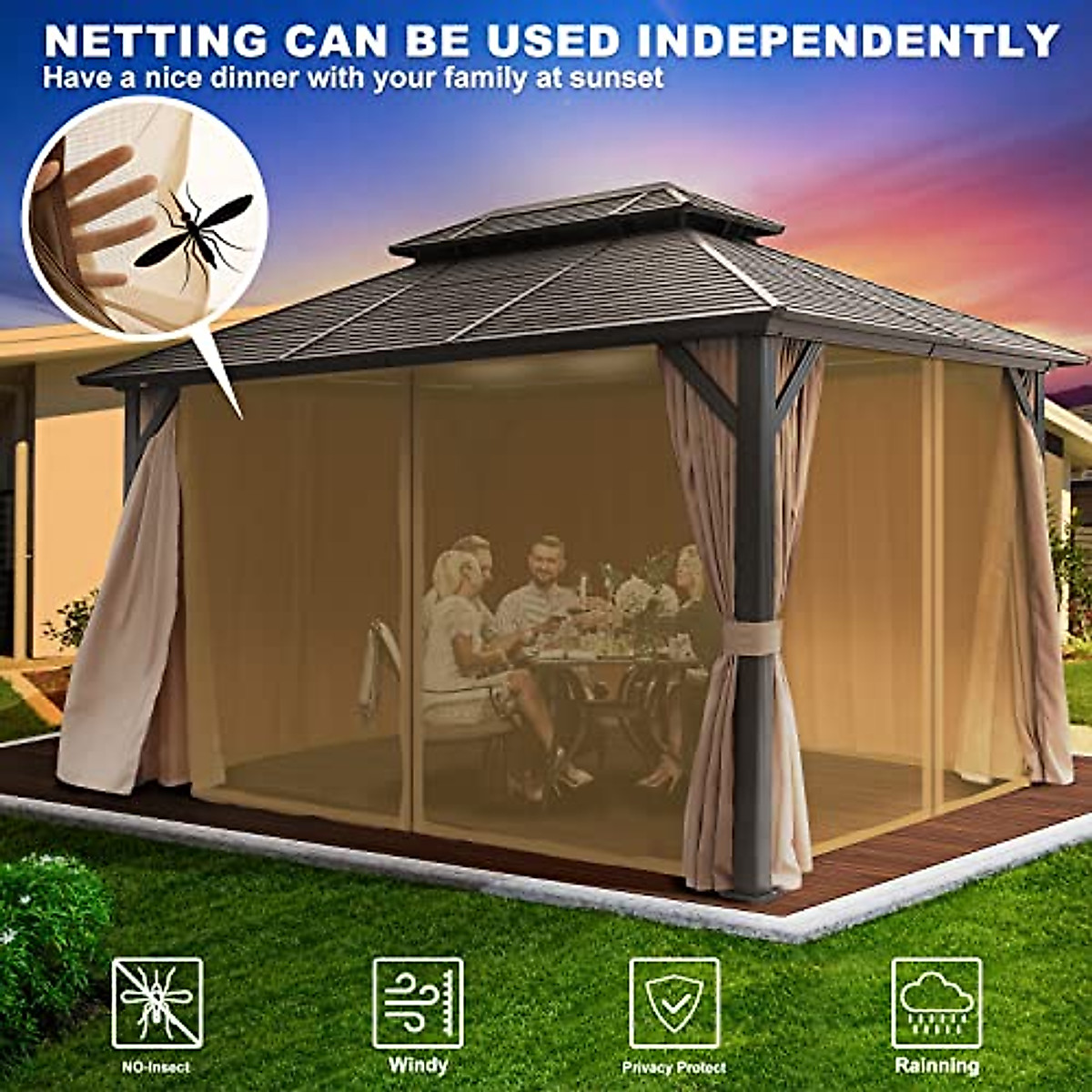 NOBLEMOOD 10’ x 13’ Hardtop Gazebo with Curtains and Netting, Double Roof Outdoor Gazebo with Polycarbonate Canopy, Aluminum Frame Permanent Gazebo for Patio Garden(Brown)