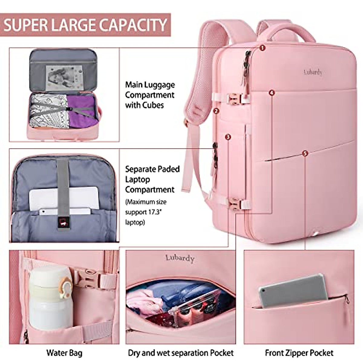 Travel Backpack for Men Women 17 Inch Flight Approved Carry on Backpack Waterproof Large 40L Luggage Daypack Business College Weekender Overnight Laptop Backpack with 3 Packing Cubes, Pink