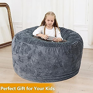 Bean Bag Chair Cover (No Filler), Adult Beanbag Chair Outside Cover Big Round Soft Fluffy Faux Fur Beanbag Lazy Sofa Bed Cover (Grey,4FT)