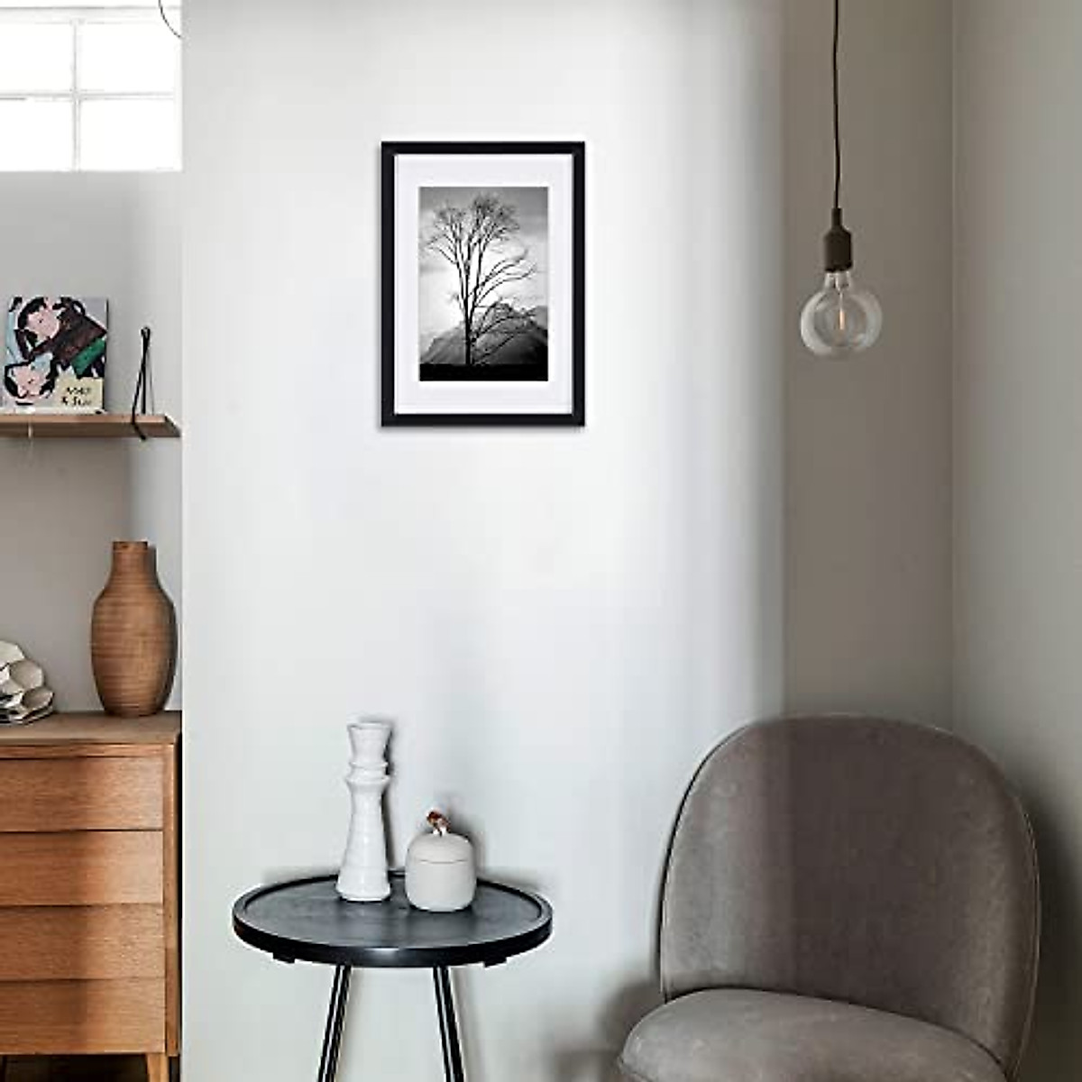 Tree Mountain Wall Art Black and White Landscape Picture Framed Canvas Print in White Matte and Black Framed 11x16 Inch Modern Artwork for Kitchen and Home or Living Room Decor