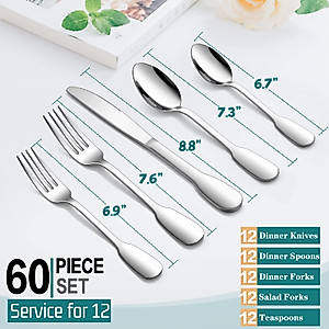 18/10 Silverware Set, E-far 60-Piece Stainless Steel Flatware Cutlery Set Service for 12, Metal Tableware Eating Utensil Sets for Home/Restaurant/Wedding, Elegant & Classic Style - Dishwasher Safe