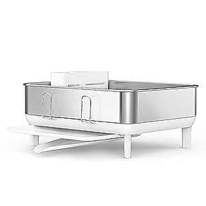 simplehuman Compact Kitchen Dish Drying Rack with Swivel Spout, Fingerprint-Proof Stainless Steel Frame, White Plastic
