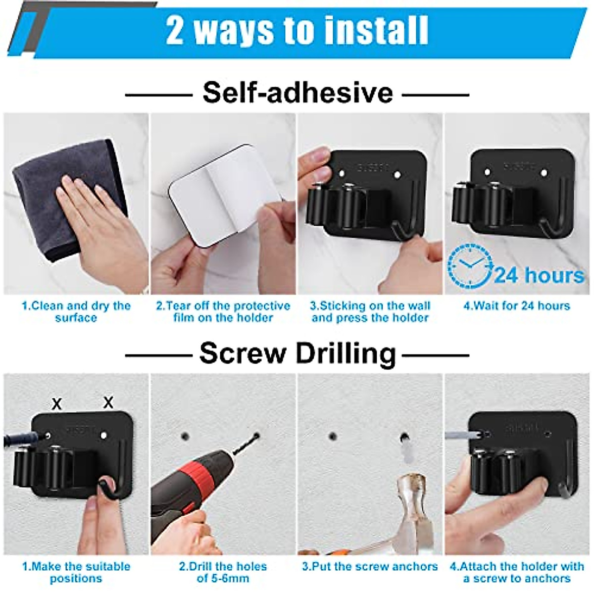 Broom Holder Wall Mount, Screw Drilling & No Drill Sturdy Heavy Duty Stainless Steel Wall Mounted, Broom Organizer Wall Mount with Hooks Hanger, Wall Holder for Bathroom, Garage, Kitchen, Garden