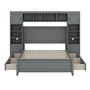 BEBPILOO Full Size Wooden Bed with All-in-One Cabinet and Shelf for Kids,Teens (Gray)