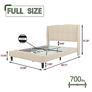 AGARTT Upholstered Platform Full Size Bed Frame with Geometric Headboard No Box Spring Required Anti-Slip Beige Linen