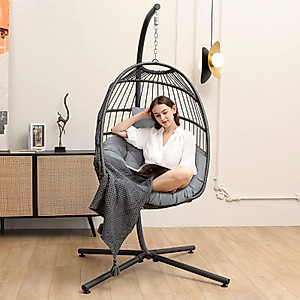 Eoieov Outdoor Hanging Egg Chair Cushions, 45"*45" Washable Hanging Basket Chair Cushion, Basket Egg Chair Cushion with Headrest Pillow，Yellow