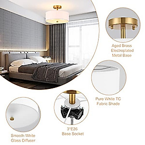 Ludil 3-Light Semi Flush Mount Ceiling Light Fixture, 13" Gold Drum Light Fixture, Modern Close to Ceiling Light with White Fabric Shade Lamps for Bedroom Living Dining Room Kitchen Hallway Entryway